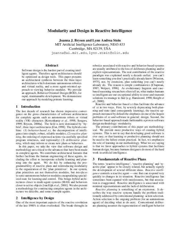 (PDF) Modularity and design in reactive intelligence