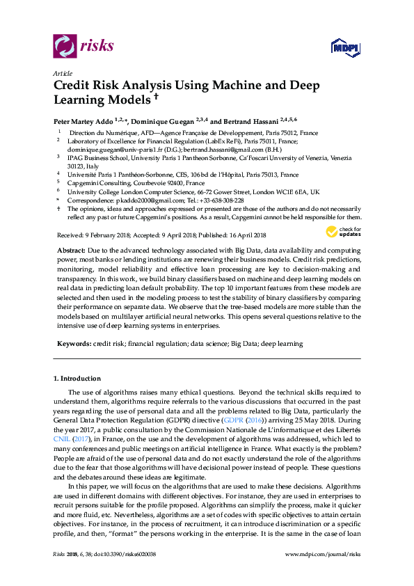 (PDF) Credit Risk Analysis Using Machine and Deep Learning Models