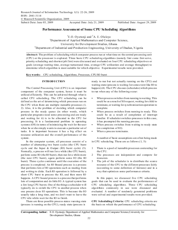 (PDF) Performance Assessment of Some CPU Scheduling Algorithms