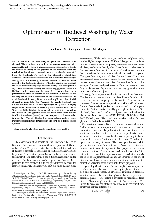 (PDF) Optimization of Biodiesel Washing by Water Extraction