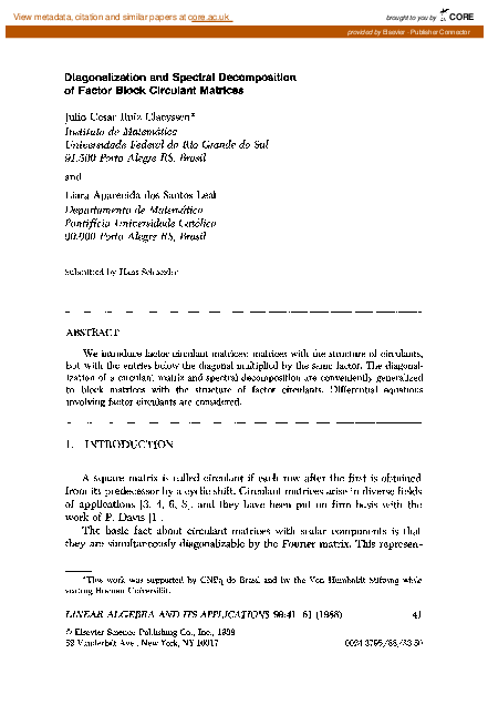 Pdf Diagonalization And Spectral Decomposition Of Factor Block Circulant Matrices