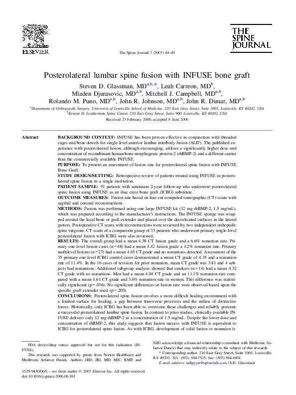 (PDF) Posterolateral lumbar spine fusion with INFUSE bone graft