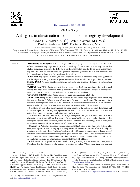(PDF) A diagnostic classification for lumbar spine registry development