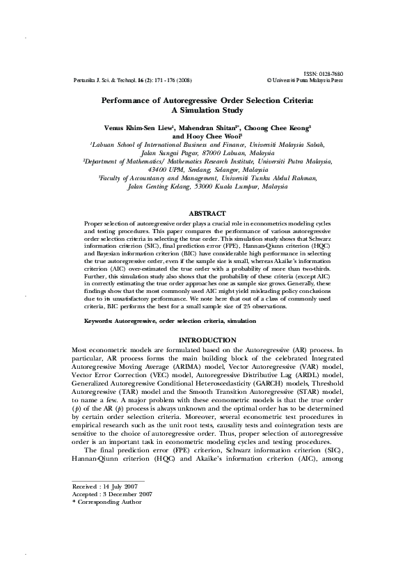 Pdf Performance Of Autoregressive Order Selection Criteria A