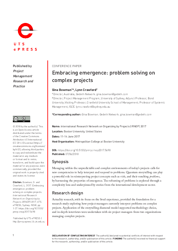 (PDF) Embracing emergence: problem solving on complex projects