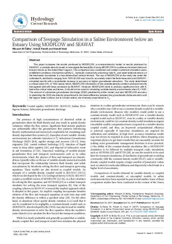 (PDF) Comparison of Seepage Simulation in a Saline Environment below an Estuary Using MODFLOW ...