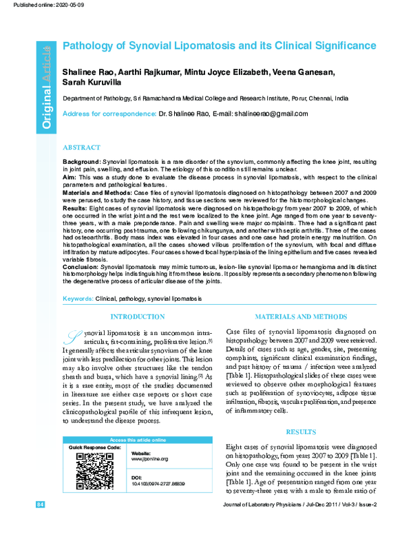 (PDF) Pathology of Synovial Lipomatosis and its Clinical Significance ...