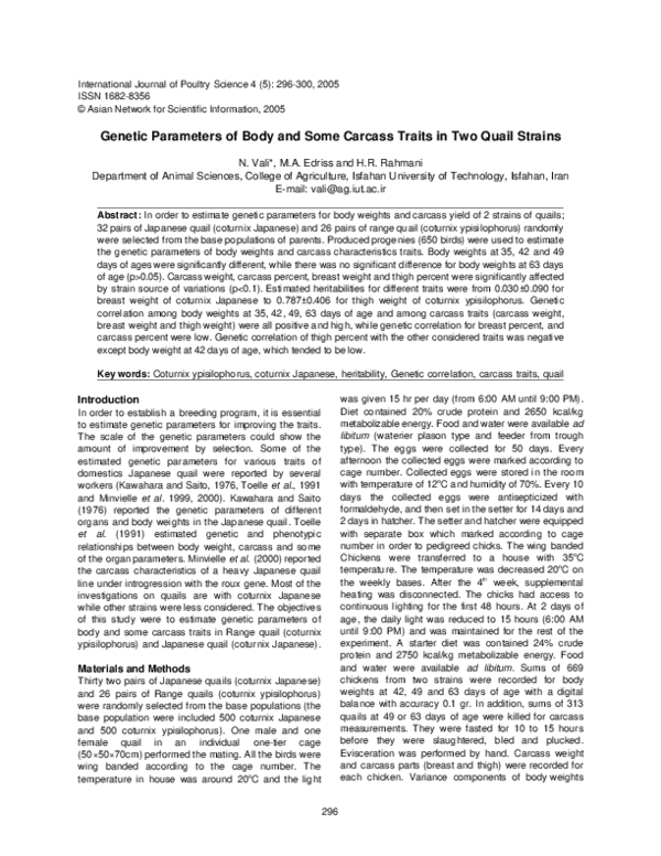 (PDF) Genetic Traits of Body and Carcass in Quails
