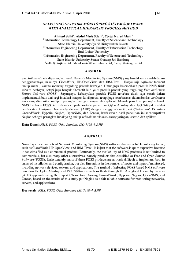 Pdf Selecting Network Monitoring System Software With Analytical Hierarchy Process Method