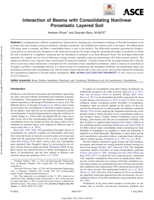 (PDF) Interaction of Beams with Consolidating Nonlinear Poroelastic Layered Soil