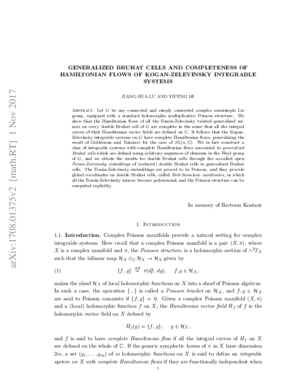 (PDF) Generalized Bruhat Cells and Completeness of Hamiltonian Flows of Kogan-Zelevinsky ...