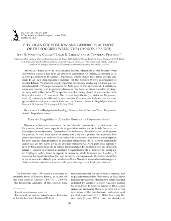 (PDF) Phylogenetic Position and Generic Placement of the Socorro Wren ...