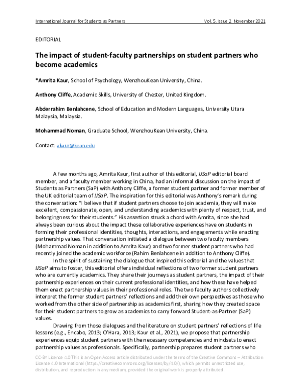 (PDF) The impact of student-faculty partnerships on student partners ...