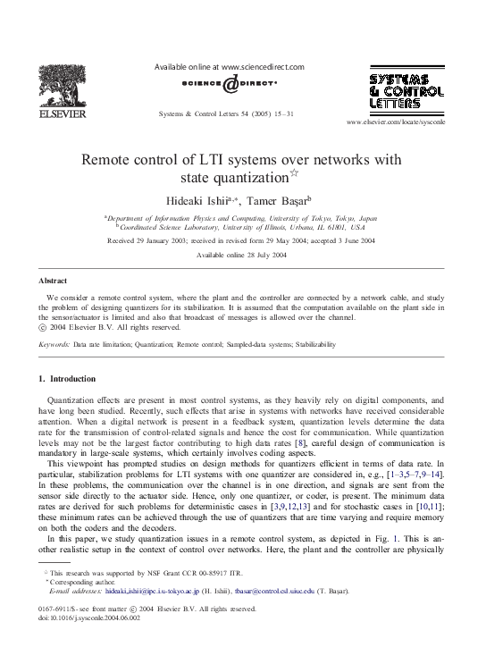 (PDF) Remote control of LTI systems over networks with state quantization