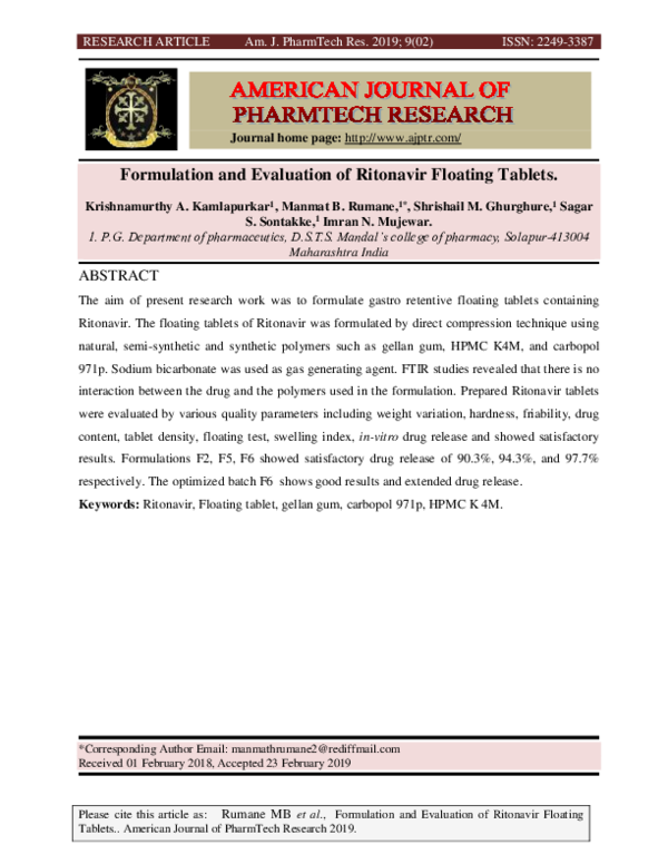 (PDF) Formulation and Evaluation of Ritonavir Floating Tablets