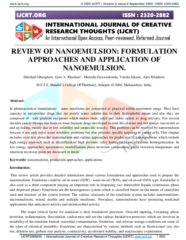(PDF) Review of Nanoemulsion: Formulation Approaches and Application of ...