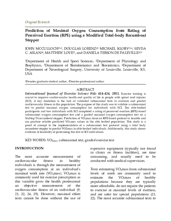 (PDF) Prediction of Maximal Oxygen Consumption from Rating of Perceived Exertion (RPE) using a ...