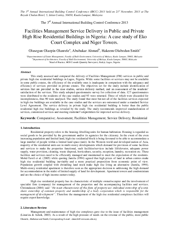 (PDF) Facilities Management Service Delivery in Public and Private High ...