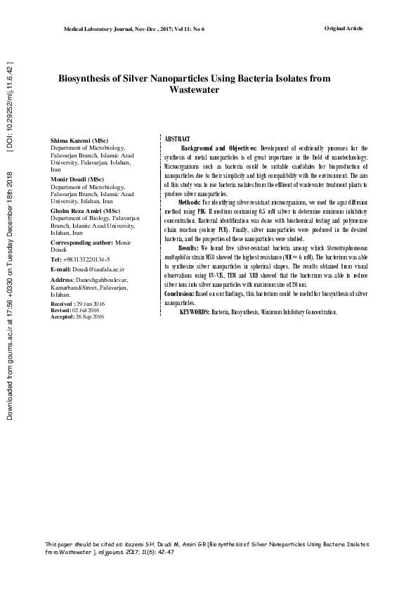 Pdf Biosynthesis Of Silver Nanoparticles Using The Bacteria Bacillus