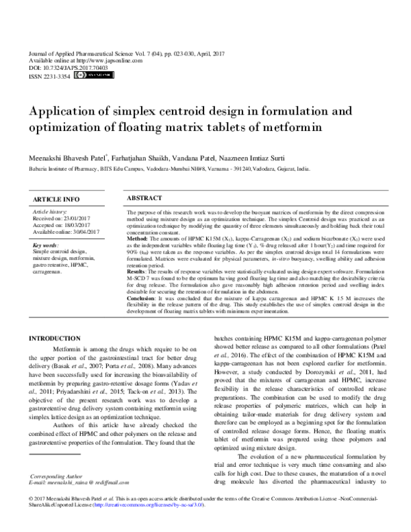(PDF) Application of simplex centroid design in formulation and optimization of floating matrix ...