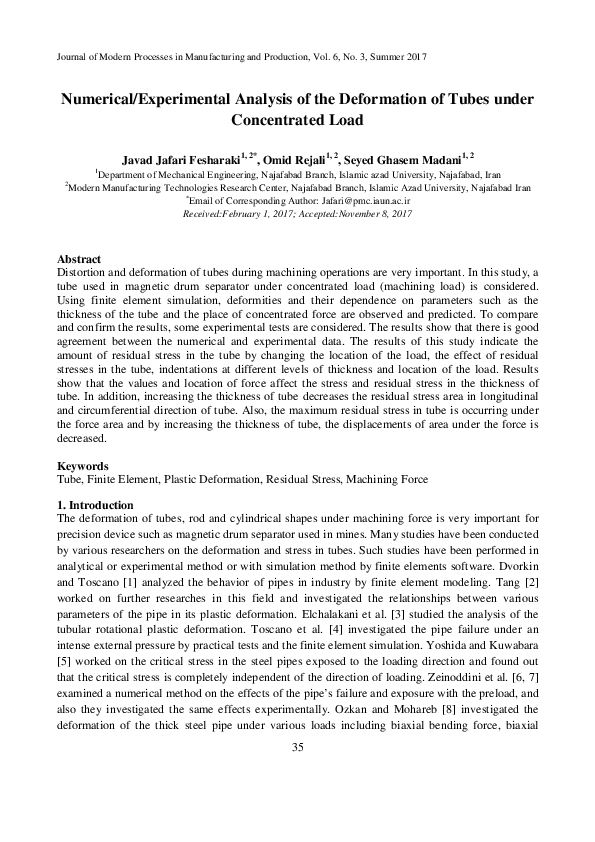 (PDF) Numerical/Experimental Analysis of the Deformation of Tubes under Concentrated Load