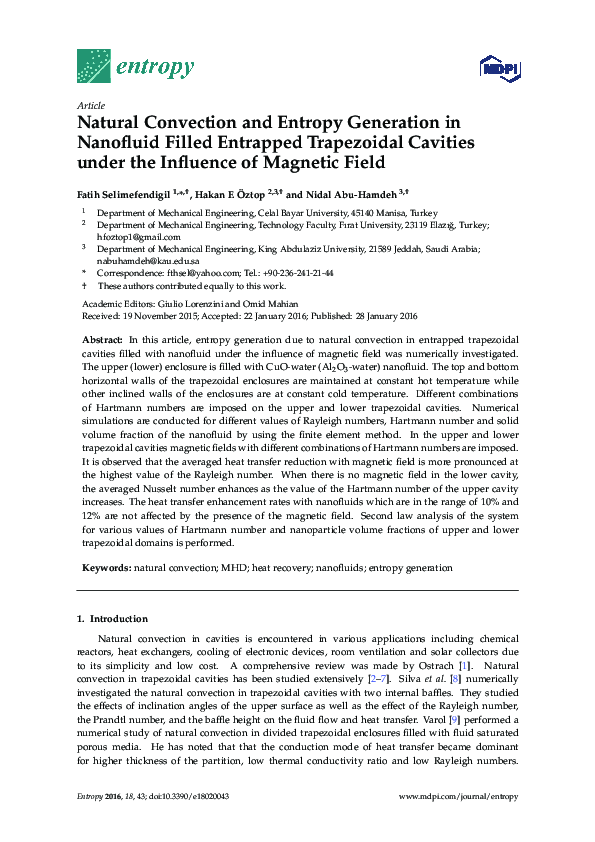 (PDF) Natural Convection and Entropy Generation in Nanofluid Filled Entrapped Trapezoidal ...