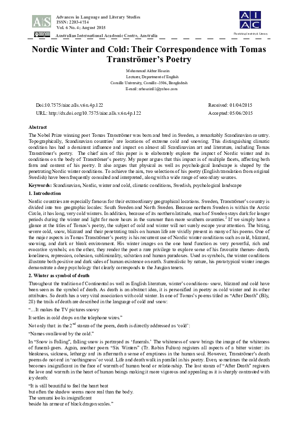 (PDF) Nordic Winter and Cold: Their Correspondence with Tomas ...