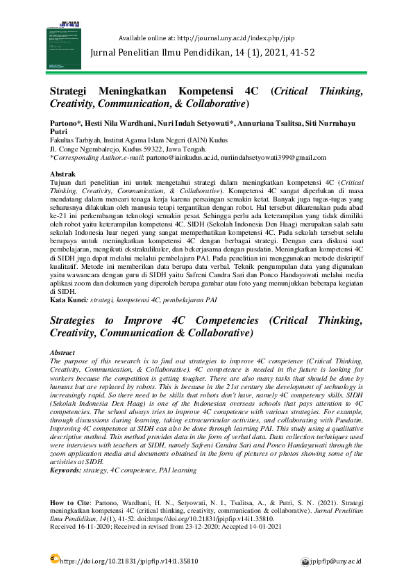 (PDF) Strategi Meningkatkan Kompetensi 4C (Critical Thinking, Creativity, Communication ...