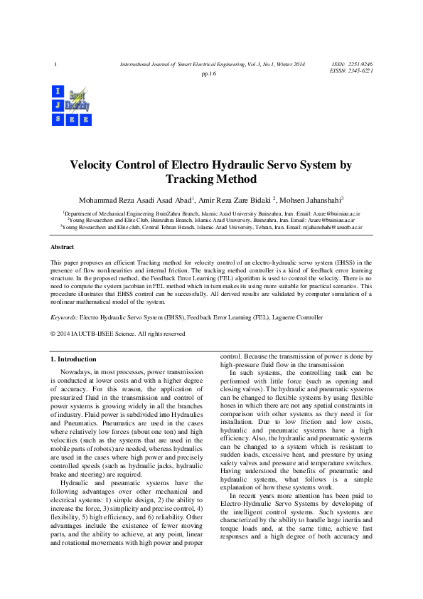 (PDF) Velocity Control of Electro Hydraulic Servo System by Tracking Method