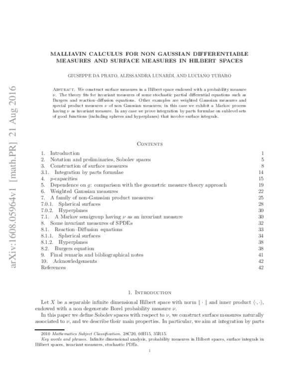 Pdf Malliavin Calculus For Non Gaussian Differentiable Measures And Surface Measures In