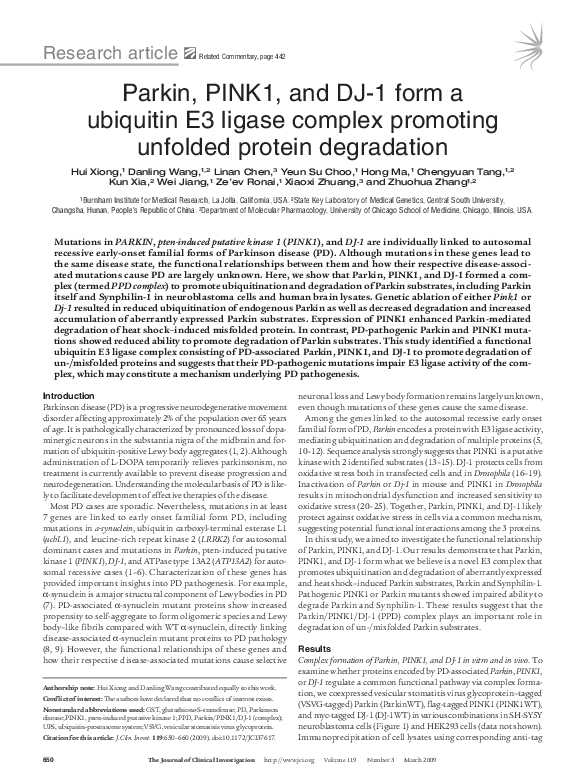 (PDF) Parkin, PINK1, and DJ-1 form a ubiquitin E3 ligase complex ...