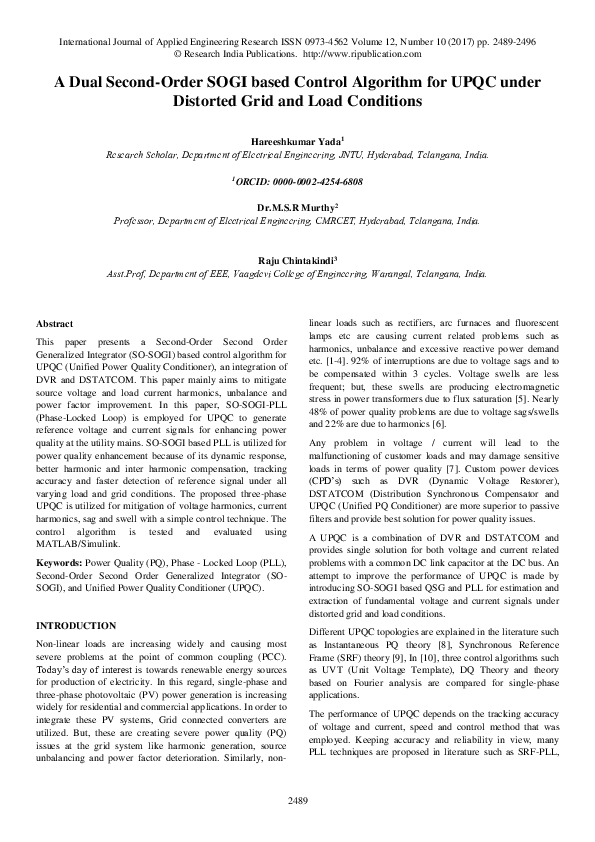 (PDF) A Dual Second-Order SOGI based Control Algorithm for UPQC under Distorted Grid and Load ...