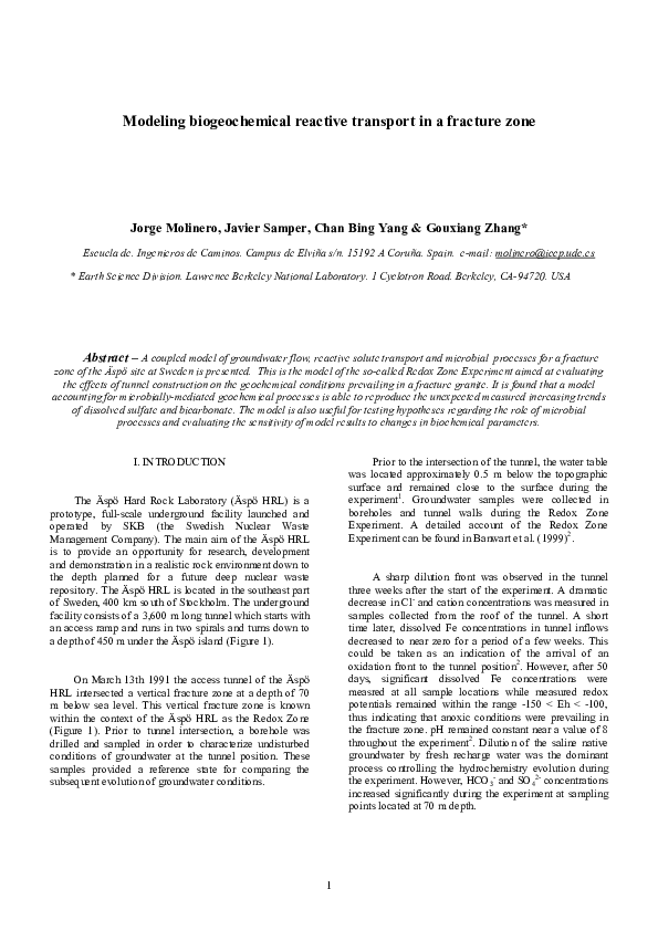 (PDF) Modeling biogechemical reactive transport in a fracture zone