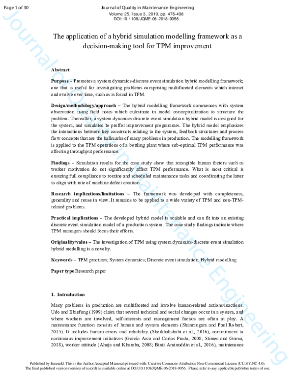 Pdf The Application Of A Hybrid Simulation Modelling Framework As A Decision Making Tool For