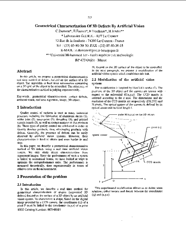 (PDF) Geometrical characterization of 3D defects by artificial vision