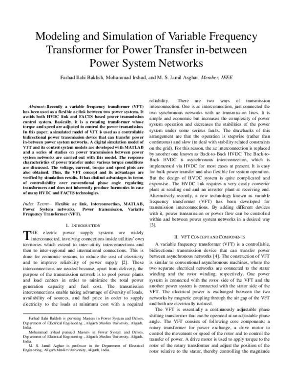 (PDF) Modeling and simulation of variable frequency transformer for power transfer in-between ...