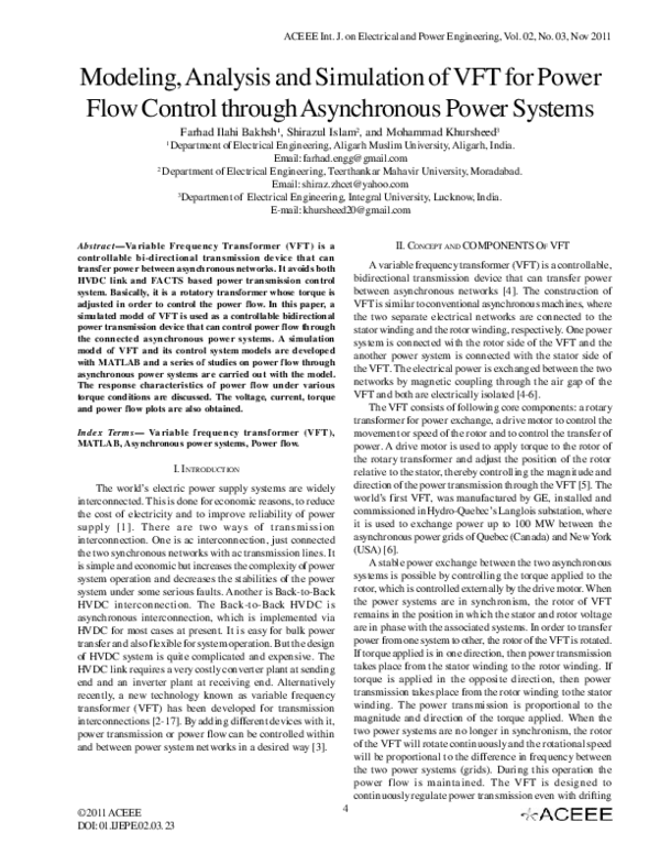 (PDF) Modeling, Analysis and Simulation of VFT for Power Flow Control through Asynchronous Power ...