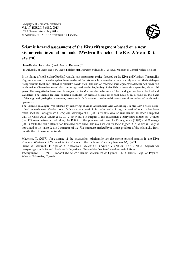(PDF) Seismic hazard assessment of the Kivu rift segment based on a new ...