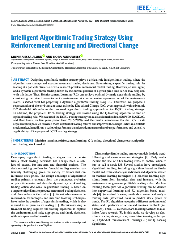 (PDF) Intelligent Algorithmic Trading Strategy Using Reinforcement Learning and Directional Change
