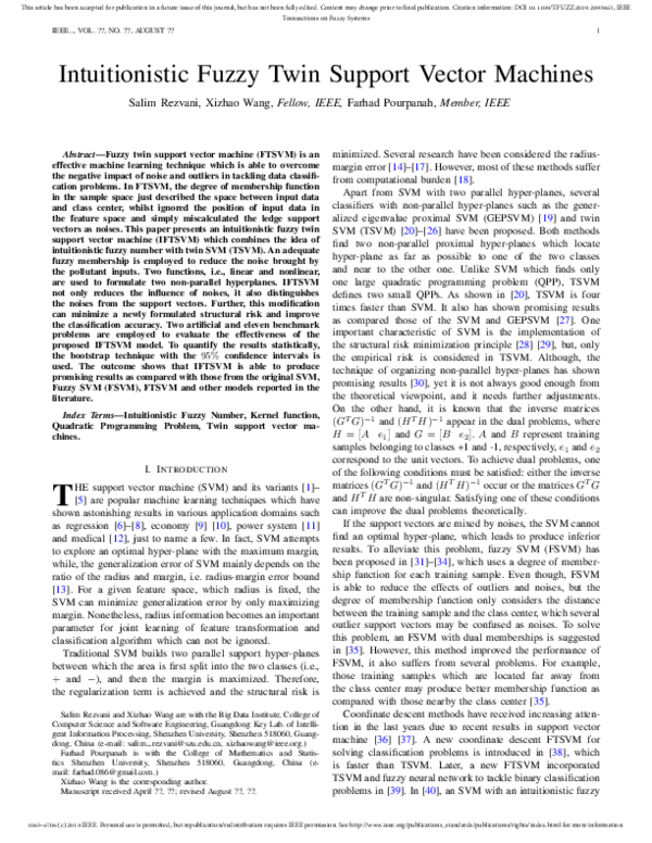 Pdf Intuitionistic Fuzzy Twin Support Vector Machines Xizhao Wang