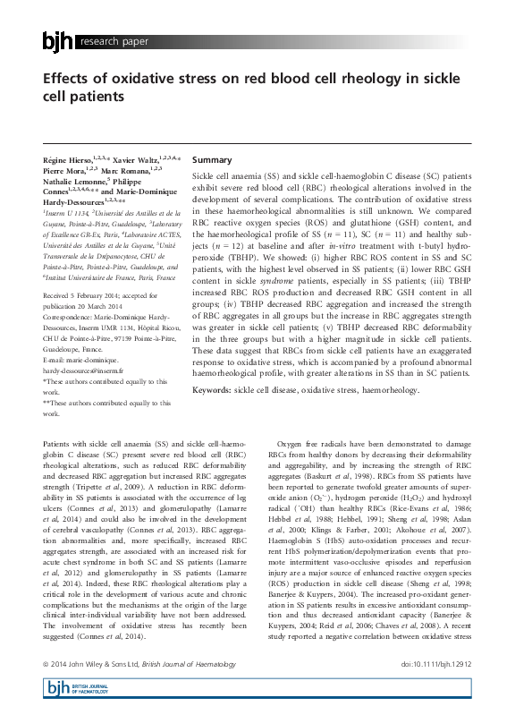 (PDF) Effects of oxidative stress on red blood cell rheology in sickle ...