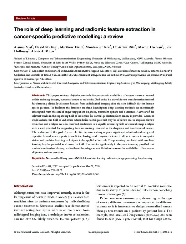 Pdf The Role Of Deep Learning And Radiomic Feature Extraction In Cancer Specific Predictive