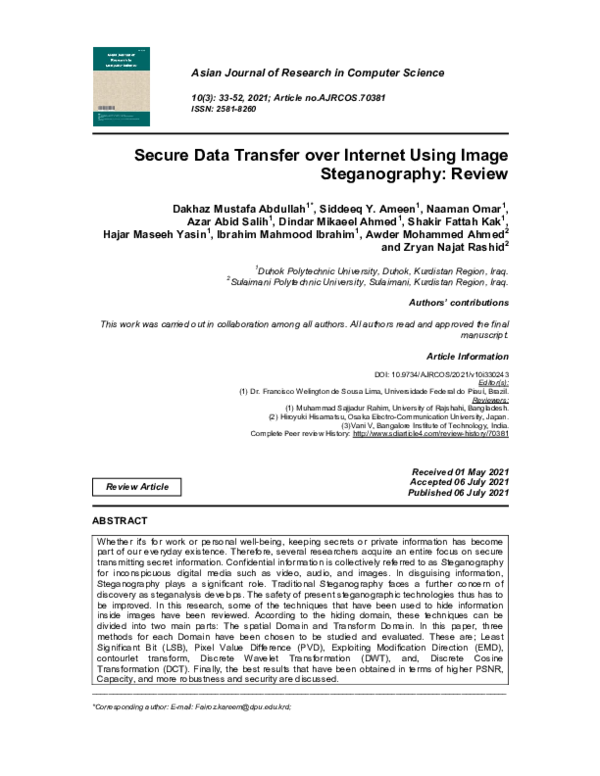 (PDF) Secure Data Transfer over Internet Using Image Steganography: Review