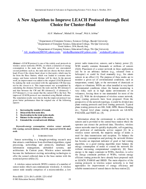 Pdf A New Algorithm To Improve Leach Protocol Through Best Choice For 2893