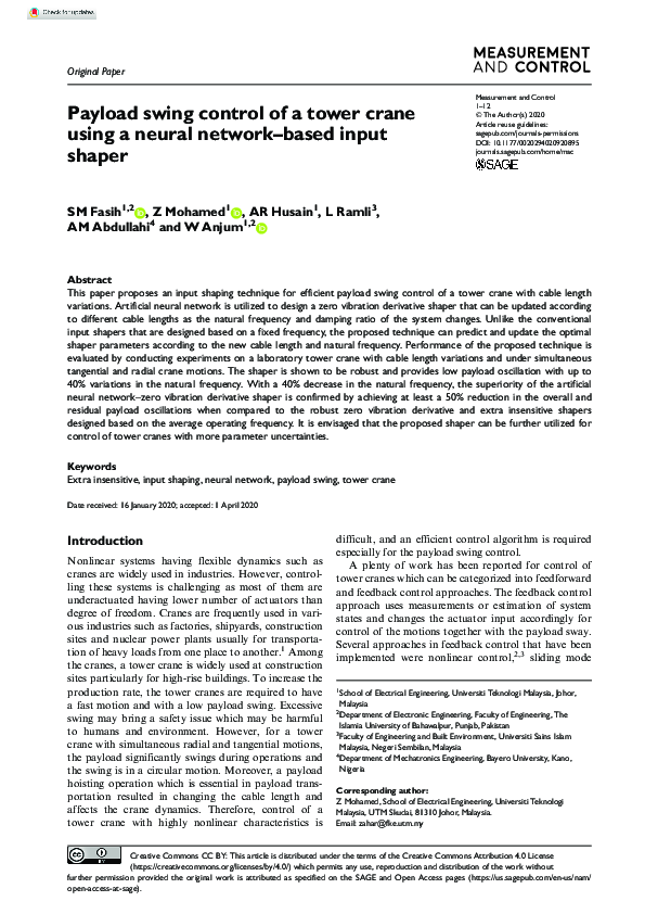 (PDF) Payload swing control of a tower crane using a neural network–based input shaper