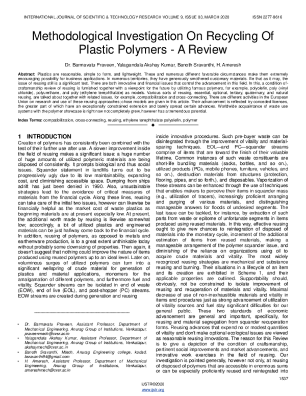 (PDF) Methodological Investigation On Recycling Of Plastic Polymers - A ...