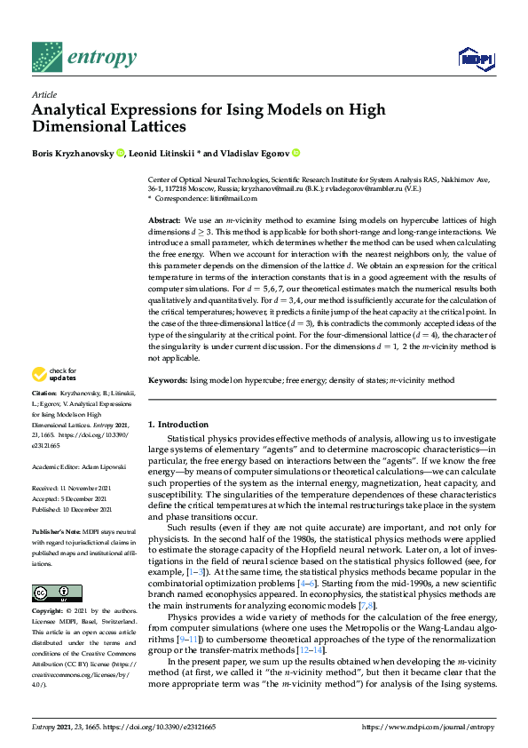 (PDF) Analytical Expressions for Ising Models on High Dimensional Lattices