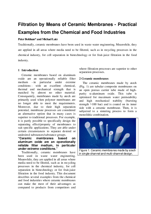 (PDF) Filtration by Means of Ceramic Membranes-Practical Examples from ...