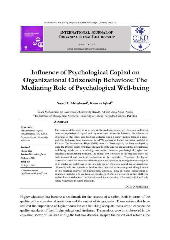 (PDF) Influence of Psychological Capital on Organizational Citizenship ...