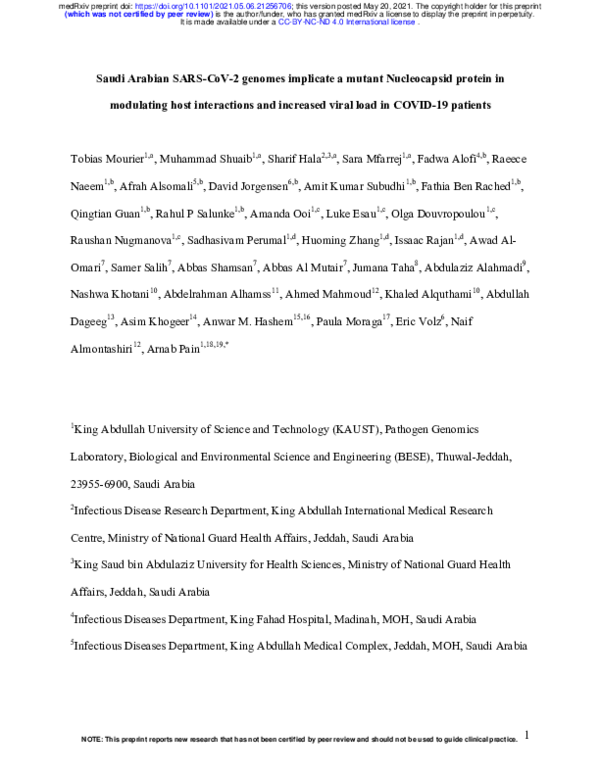 (PDF) Saudi Arabian SARS-CoV-2 genomes implicate a mutant Nucleocapsid ...